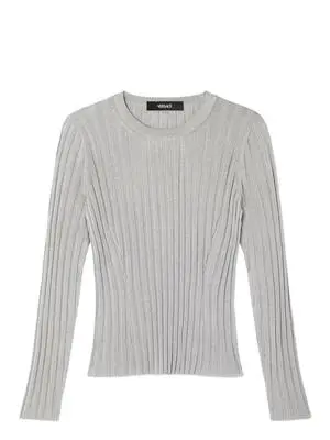 Versace Ribbed Crew-neck Long-sleeve Sweater With Medusa Stud - Grey