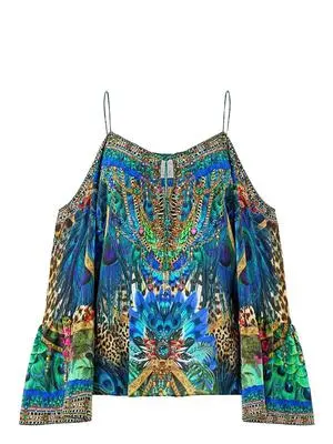 Camilla Printed Drop-shoulder Top - Blue