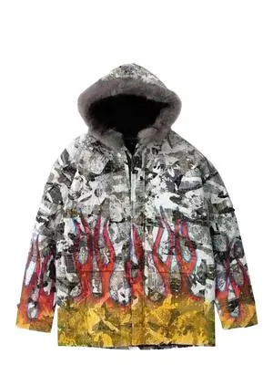 WHO DECIDES WAR BY EV BRAVADO Flame-print Hooded Parka Coat - Grey