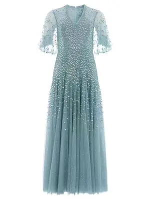 NEEDLE & THREAD Sequin Cape Ankle Gown - Blue