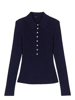Maje Ribbed Wool And Silk Polo Jumper - Navy