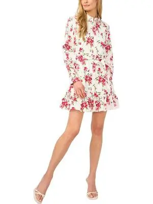 CECE DUPRAZ Ruffle Floral Print Tie Waist Shirtdress - Egret