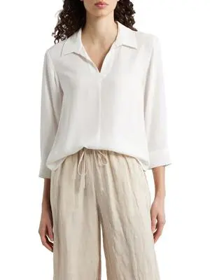 Eileen Fisher Split Neck Silk Georgette Top - Ivory