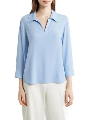 Eileen Fisher Split Neck Silk Georgette Top - Skylight