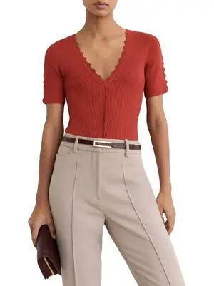 REISS Marcy Scalloped Rib Knit Top - Rust Red