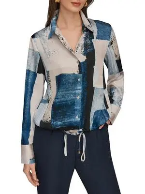 Donna Karan New York Printed Long Sleeve Shirt - Washed Indigo/cream
