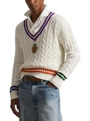 Polo Ralph Lauren Embroidered Cricket Cotton & Linen V-neck Sweater - Cream Combo