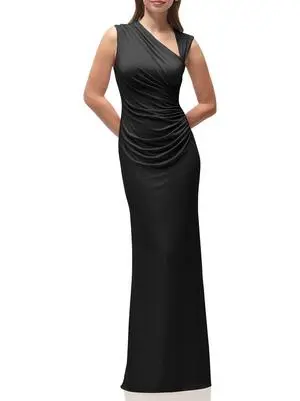 After Six Ruched Asymmetric Neck Satin Gown - Black