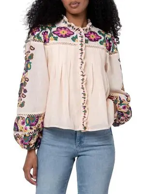 CIEBON Floral Ruffle Placket Button-up Shirt - Cream Multi