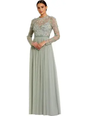Mac Duggal Embellished Illusion High Neck Long Sleeve Gown - Green