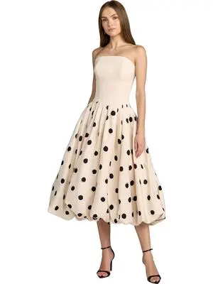 Mac Duggal Strapless Polka Dot Bubble Skirt Midi Dress - Ecru Multi
