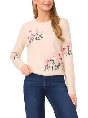 CECE DUPRAZ Floral Embroidered Crewneck Sweater - Birch