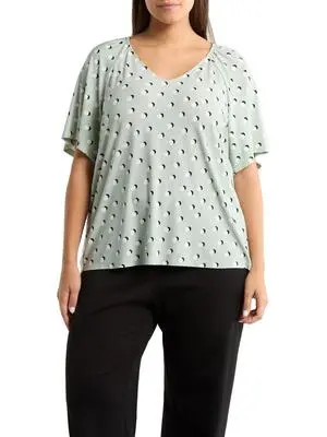 Anne Klein Dot Print V-neck Top - Soft Aloe Multi