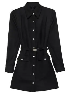 A.p.c. Buttoned Belted Mini Shirt Dress - Black