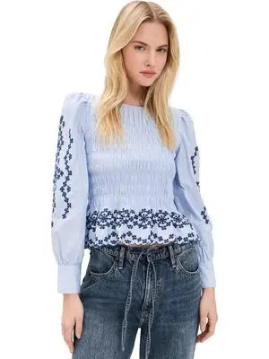 Rails Floral Embroidered Tabi Blouse - Blue Bird