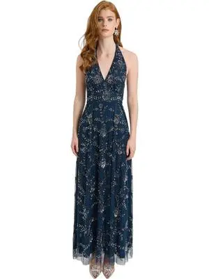 BEAUUT Embellished Halter Neck Maxi Gown - Navy