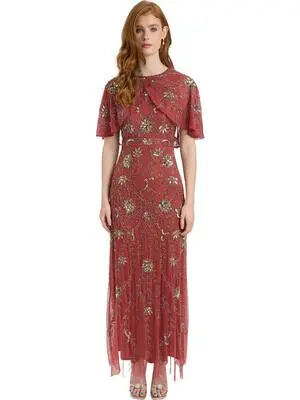 BEAUUT Embellished Sequin Beaded Maxi Gown - Rust