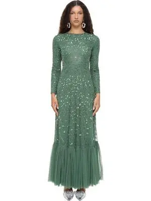 MARYISA Embellished Sequin Maxi Dress With Cape - Dark Green