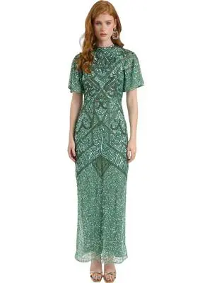 BEAUUT Embellished Sequin Beaded Maxi Dress - Green