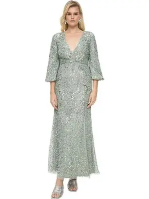 BEAUUT Embellished Sequin Beaded Maxi Gown With V-neck - Sage Green