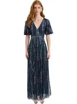 BEAUUT Embellished Sequin Beaded Maxi Dress With Flutter Sleeves - Navy