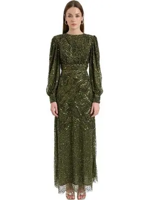 MARYISA Embellished Sequin Beaded Maxi Dress With Cuffs - Olive