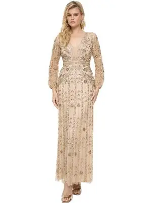 BEAUUT Embellished Sequin Beaded Maxi Gown - Taupe Blush
