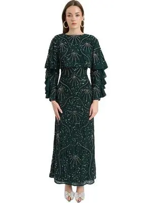 MARYISA Embellished Maxi Dress With Cape Style Top - Emerald Green