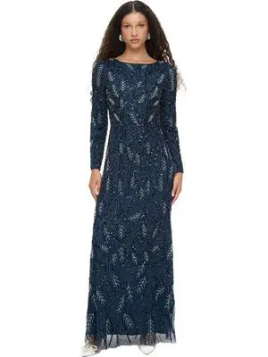 MARYISA Embellished Sequin Beaded Maxi Dress - Navy