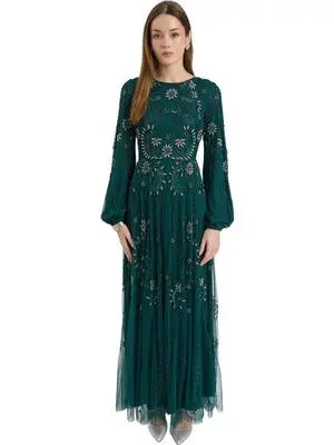 MARYISA Embellished Sequin Beaded Maxi Dress - Emerald Green