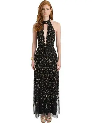 BEAUUT Embellished Sequin Beaded Maxi Gown With Halter Neck - Black