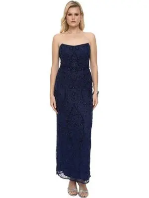 BEAUUT Embellished Sequin Beaded Strapless Maxi Dress - Mid Night Blue