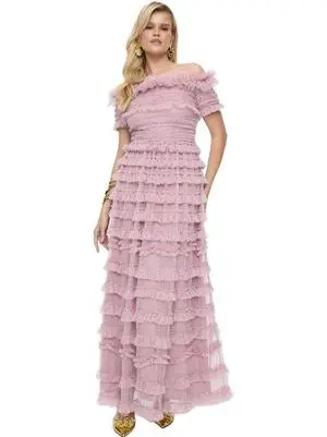 BEAUUT Off-shoulder Ruffle Mesh Maxi Dress - Frosted Pink