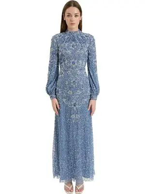 MARYISA Sequin Embellished Maxi Dress With Cuff Sleeves - Powder Blue
