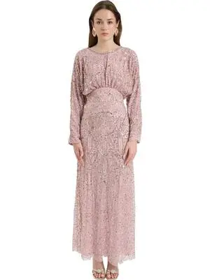 MARYISA Embellished Beaded Maxi Dress With Long Sleeves - Frosted Pink