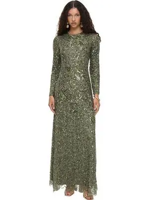 MARYISA Embellished Sequin Beaded Maxi Dress - Olive