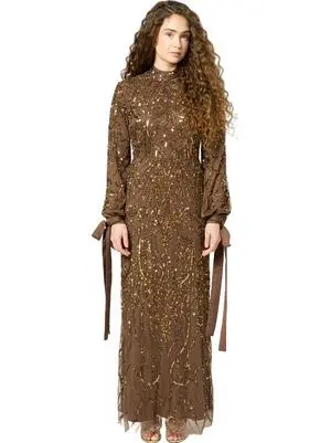 MARYISA Embellished Sequin Maxi Dress With Ribbon Sleeves - Chocolate