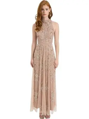 BEAUUT Embellished Sequin Beaded Maxi Dress - Taupe Blush