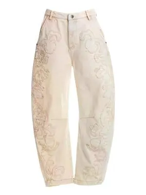 Agua Bendita Fallon Distressed Floral-embroidery Jeans - Neutrals