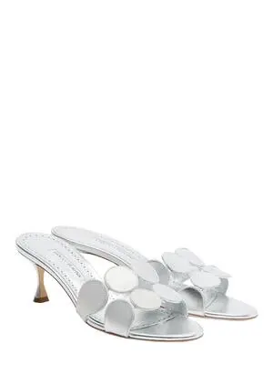 Manolo Blahnik Haribalmu 50 Metallic Leather Mules Silver