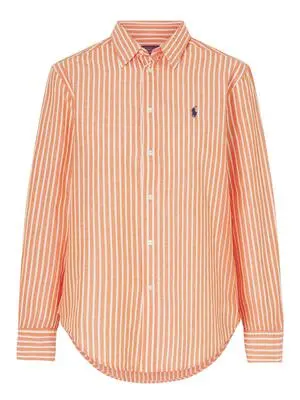 Polo Ralph Lauren Embroidered Striped Cotton And Linen-blend Shirt - Orange