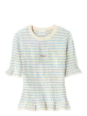 Claudie Pierlot Short-sleeved Striped Knit Top With Frill Trim - Neutrals