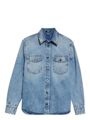 Versace Medusa Studded Denim Button-up Shirts - Light Blue