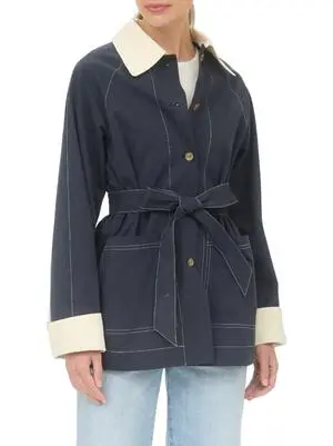 ZOE AND CLAIRE Tie Waist Trench Coat - Navy/ivory
