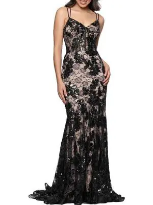 BLONDIE NITES Sequin Strappy Lace Trumpet Gown - Black/nude