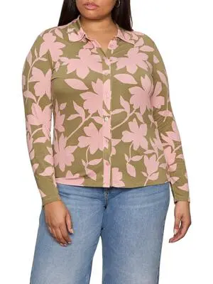 Sanctuary Floral Knit Button-up Shirt - Pink Silhouette