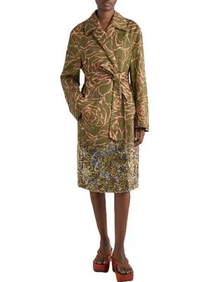 Dries Van Noten Rose Print Sequin Embellished Wrap Coat - Khaki