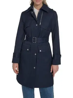 Cole Haan Water Resistant Convertible Collar Belted Trench Coat With Removable Hood - Navy