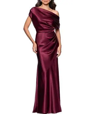 Betsy & Adam One-shoulder Satin Sheath Gown - Burgundy