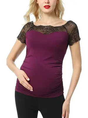 KIMI + KAI Lace Shoulder Maternity Top - Deep Berry